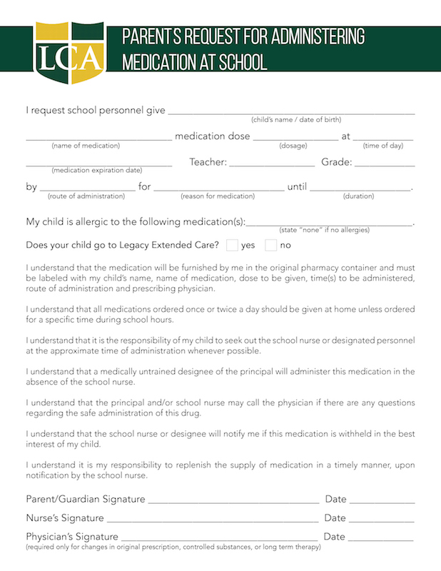 Medication Administration Form | Health Services - Legacy Christian Academy