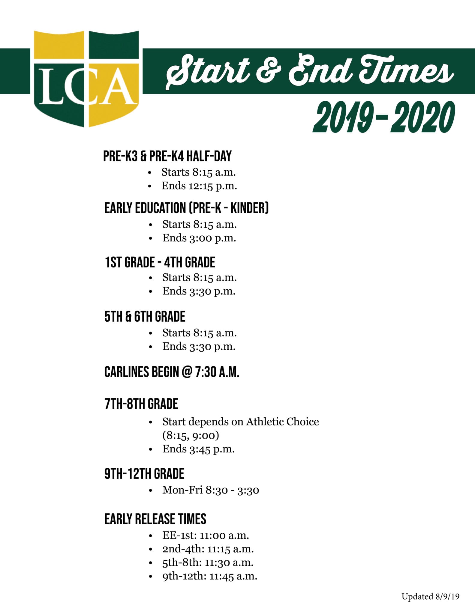 Schedules Start End Times Legacy Christian Academy